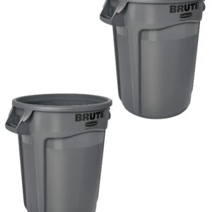 Rubbermaid Commercial Products BRUTE Heavy-Duty Round Trash/Garbage Can with Venting Channels - 32 Gallon - Gray (Pack of 2)