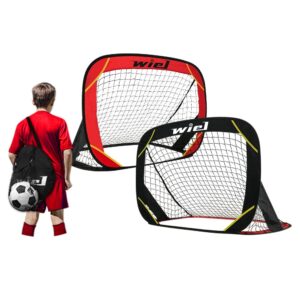 wiel soccer goals, set of 2 4'x3' portable kids soccer nets for backyard training and team game, foldable red/black pop up goal set with carry bag includes mesh ball compartment