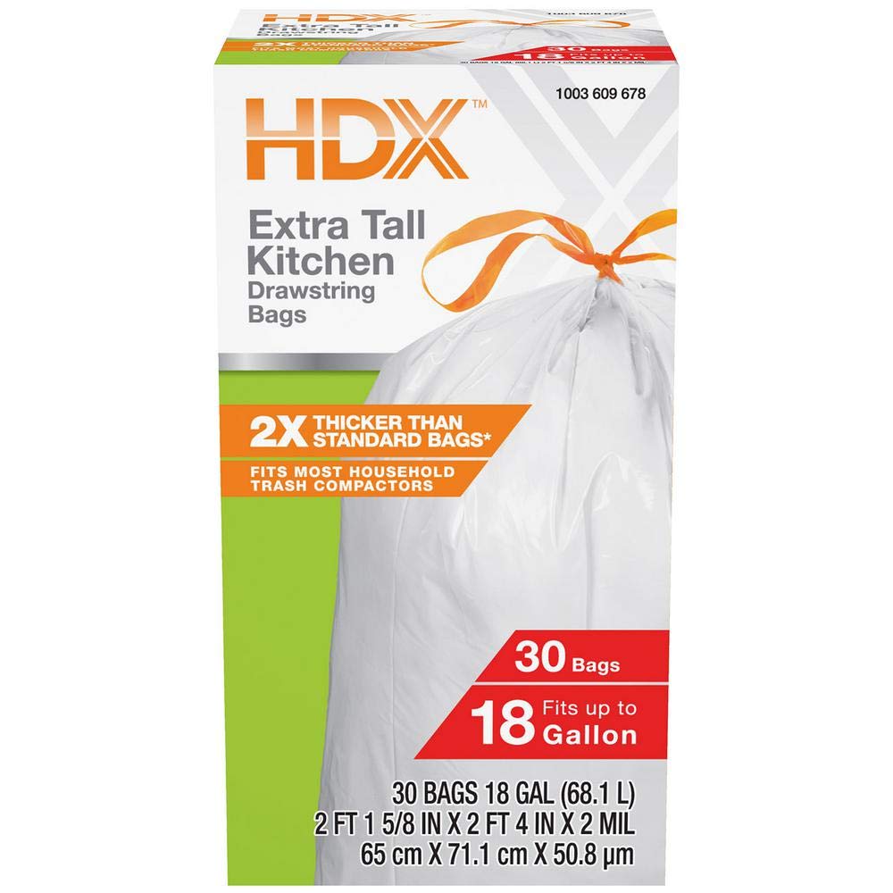 HDX 18 Gallon Heavy-Duty Drawstring Kitchen and Compactor Trash Bags (30-Count)