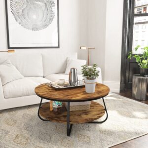 Elephance Round Coffee Table with Storage, 35.8 Inch Industrial Wood Coffee Table with Metal Frame for Living Room (Rustic Brown)