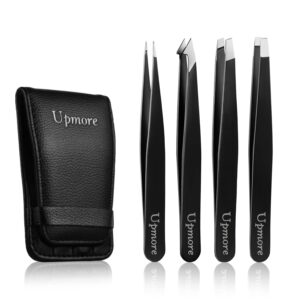 upmore tweezers set, 4 pcs professional stainless steel tweezers, eyebrow tweezer set with travel case for eyebrows, facial hair, ingrown hair, splinter and blackhead (black)…