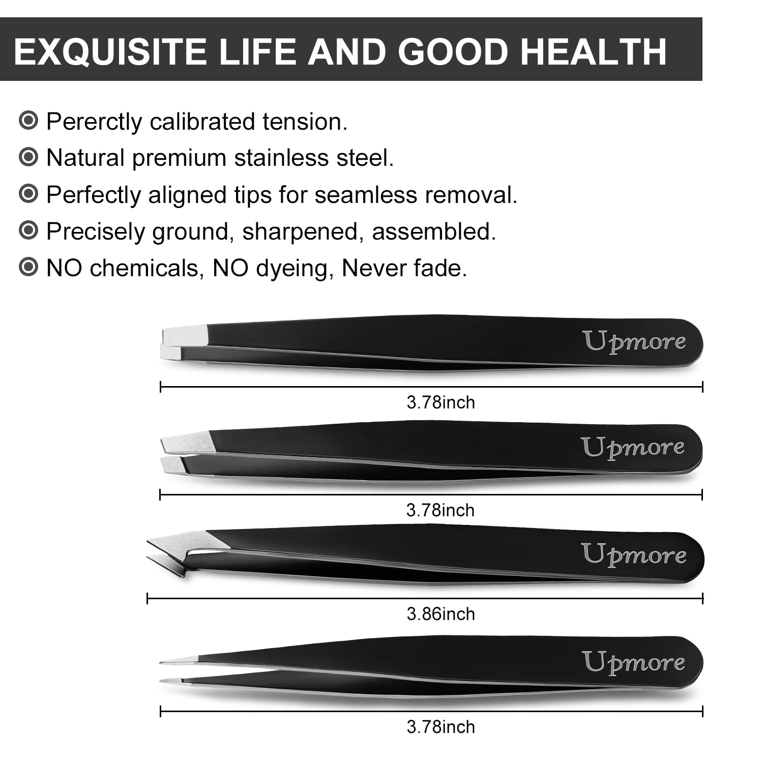 Upmore Tweezers Set, 4 pcs Professional Stainless Steel Tweezers, Eyebrow Tweezer Set with Travel Case for Eyebrows, Facial Hair, Ingrown Hair, Splinter and Blackhead (Black)…