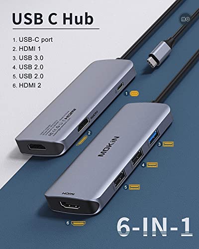 Docking Station USB C to Dual HDMI Adapter, MOKiN USB C Hub Dual HDMI Monitors for Windows,USB C Adapter with Dual HDMI,3 USB Port,PD Compatible for Dell XPS 13/15, Lenovo Yoga,etc