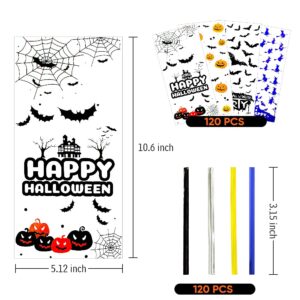 Hifunwu 120 PCS Halloween Cellophane Bags Halloween Treat Bags with Ties Trick or Treat Bags for Candy Cookie Goodies Gift Favor Halloween Party Supplies