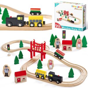 tiny land 74 pcs wooden train set with battery operated train & wooden tracks -fits thomas, fits brio, fits chuggington, fits melissa and other major brands for kids toys for 3+ years