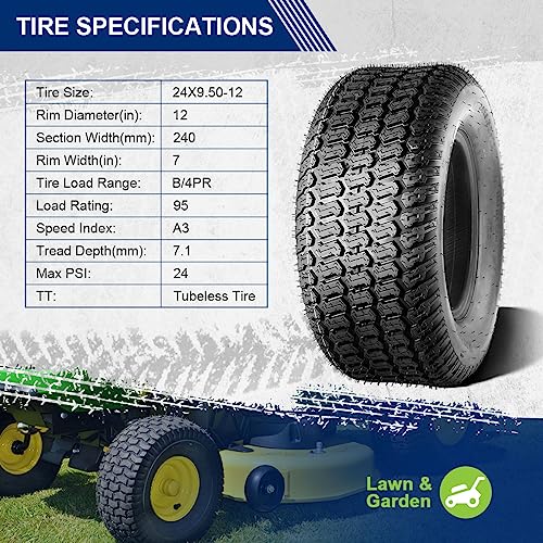 MaxAuto 24X9.50-12 Turf Lawn Mower Tractor Riding Tire P332 4PR Load Range B,2Pcs