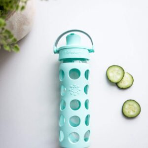 Lifefactory 16-Ounce Glass Water Bottle with Active Flip Cap and Protective Silicone Sleeve, Mint