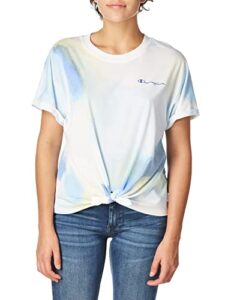 champion women's tie-front print tee, multi wash cloud fantastic fuchsia, x- small