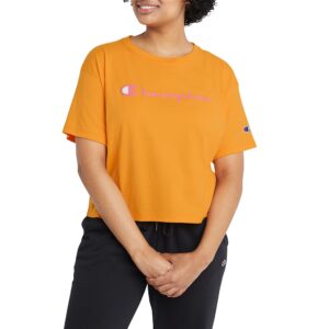 champion women's the cropped tee, white/fantastic fuchsia, large