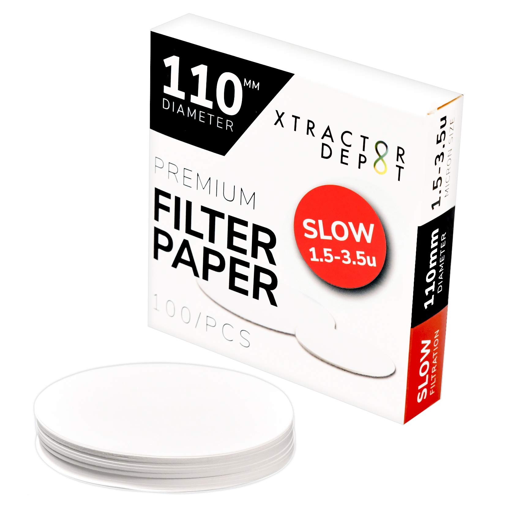 Xtractor Depot 110mm Qualitative Chemistry Lab Filter Paper, 1.5µm-3.5µm Micron Particle Retention - Slow Flow Extract Filtration - Pack of 100