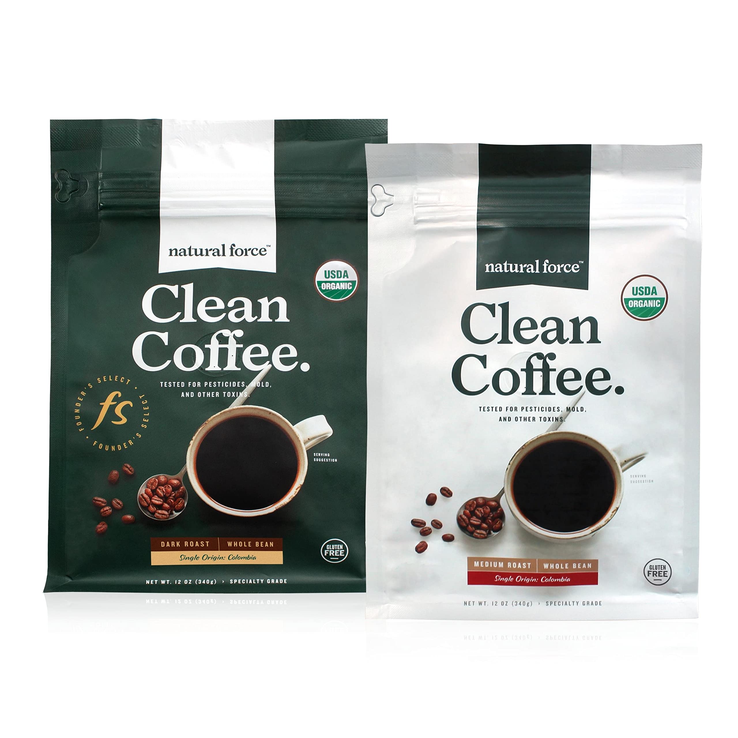 Natural Force Clean Coffee Dark + Medium Roast Bundle - Organic, Mold Free, Whole Bean Coffees Tested for Toxins and Powered by Purity – Great Taste + Aroma - 2x 12 Ounce Bags