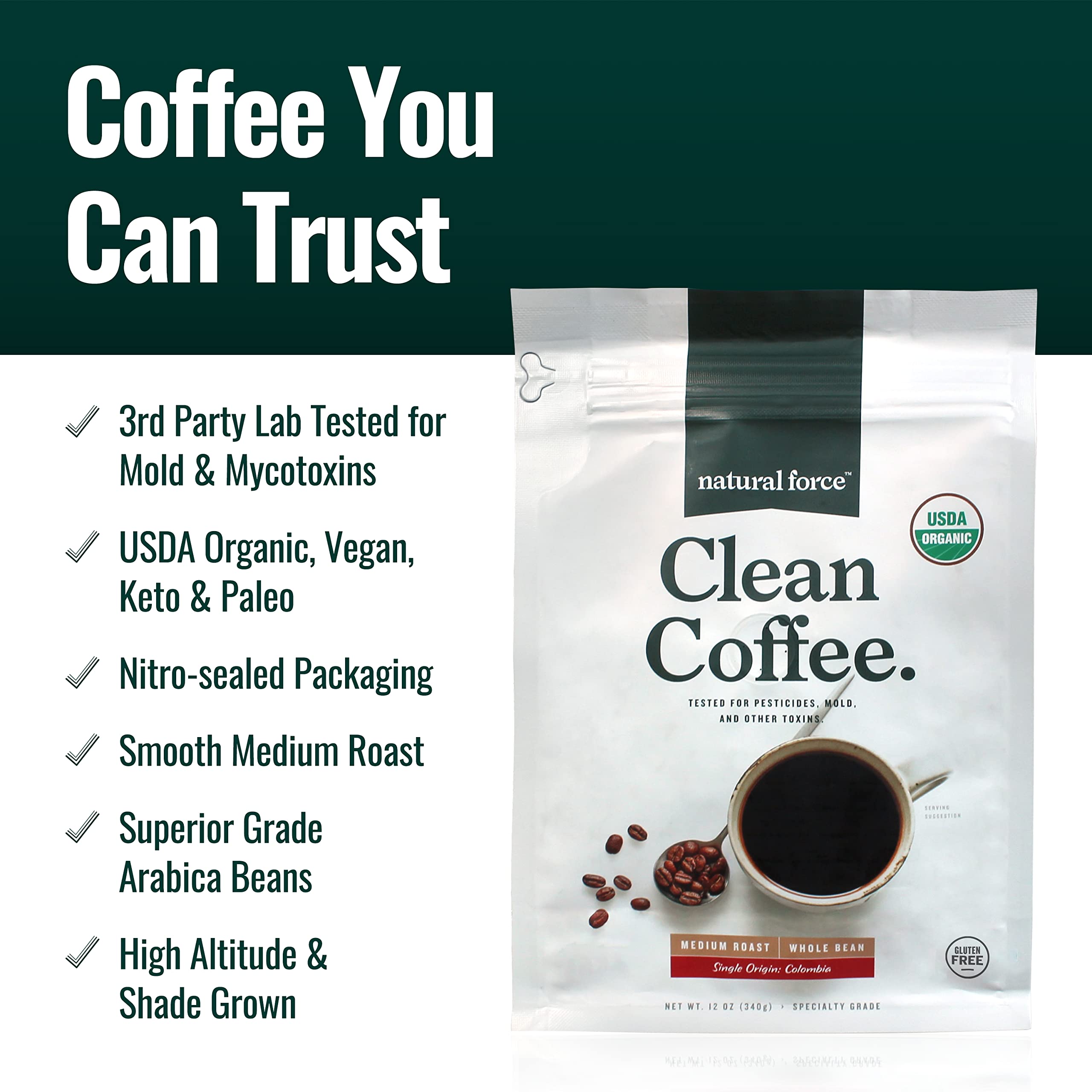 Natural Force Clean Coffee Dark + Medium Roast Bundle - Organic, Mold Free, Whole Bean Coffees Tested for Toxins and Powered by Purity – Great Taste + Aroma - 2x 12 Ounce Bags