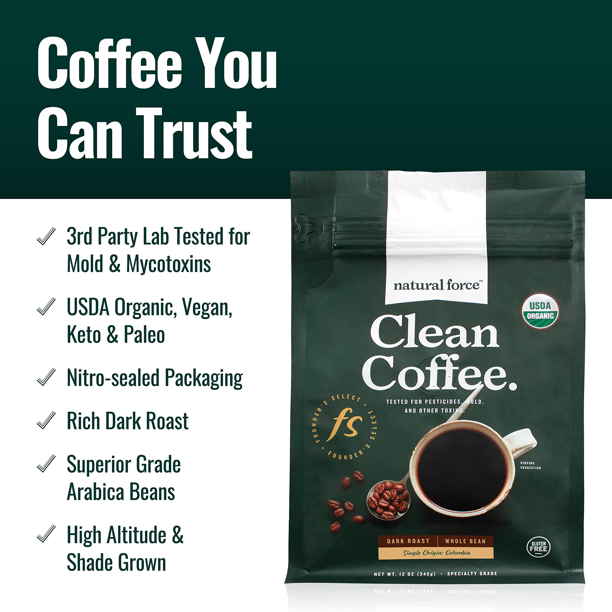 Natural Force Clean Coffee Dark + Medium Roast Bundle - Organic, Mold Free, Whole Bean Coffees Tested for Toxins and Powered by Purity – Great Taste + Aroma - 2x 12 Ounce Bags