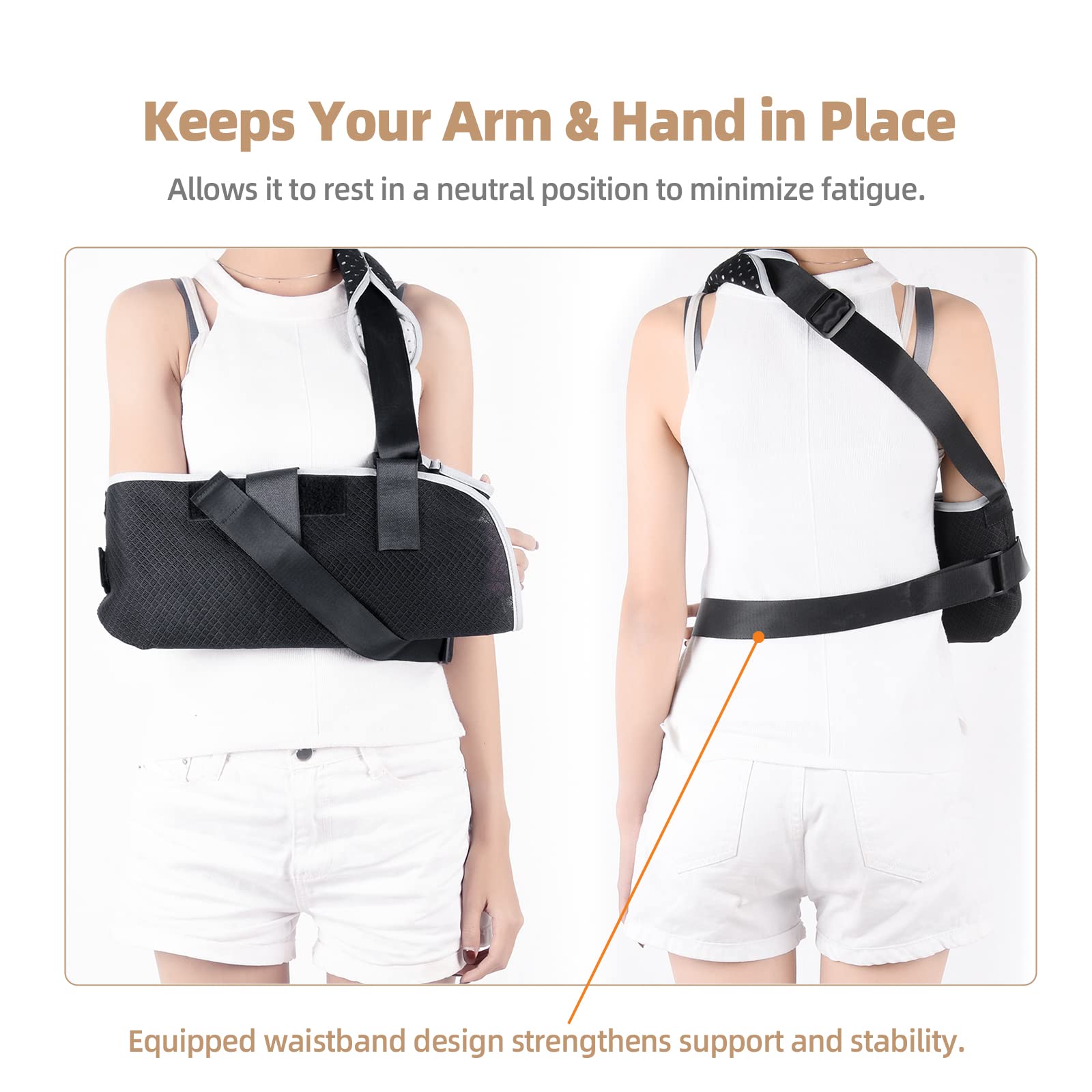 Solmyr Arm Sling for Broken Fractured Bones Elbow Wrist, Adjustable Shoulder Immobilizer & Rotator Cuff Support Brace, Split Strap and Waistband, Universal for Left and Right Arms, Men and Women(L)