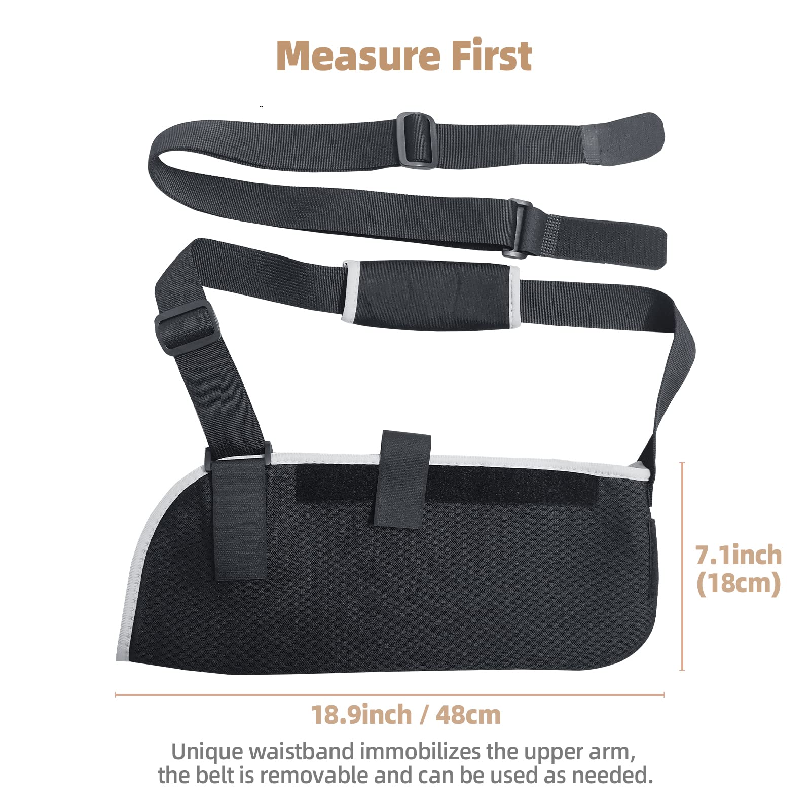 Solmyr Arm Sling for Broken Fractured Bones Elbow Wrist, Adjustable Shoulder Immobilizer & Rotator Cuff Support Brace, Split Strap and Waistband, Universal for Left and Right Arms, Men and Women(L)