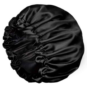 satin bonnets, adjustable satin bonnets for women, double layer large sleeping silk bonnet, soft sleep bonnet for women girls curly natural hair night sleep cap(black)