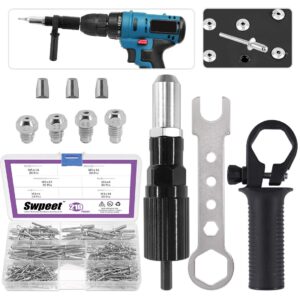 swpeet 211pcs black alloy steel electric rivet gun adapter kit, including 2.4/3.2/4.0/4.8mm diameter rivet head and handle wrench with 500pcs aluminum blind rivet kit