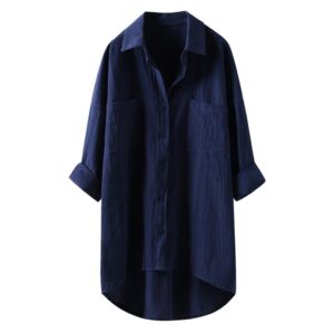 aihihe womens boyfriend button down shirts plus size loose fit 3/4 sleeve shirts cotton linen tops blouses tunics blue