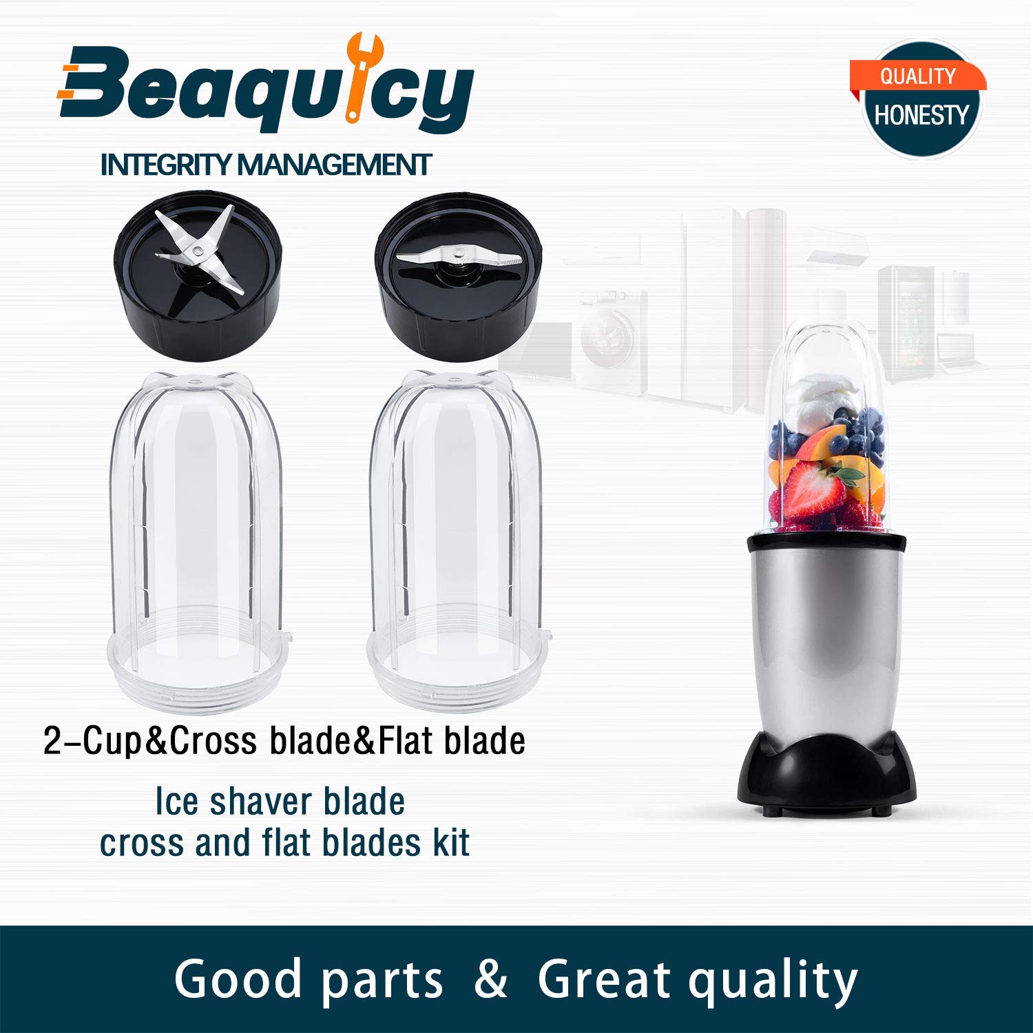 Beaquicy 2 Pack 16oz Cup with Cross Blade and Flat Blade Combo - Replacement for Mag-ic Bullet Blender Juicer 250W MB1001