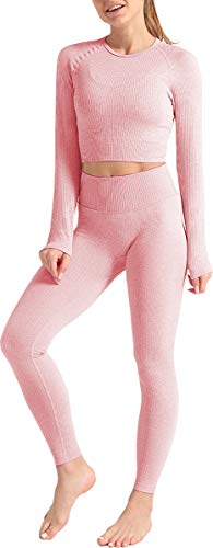 MAYROUND Women 2 Pieces Yoga Workout Outfit Ribbed Seamless Leggings and Long Sleeve Crop Top Set Exercise Clothes