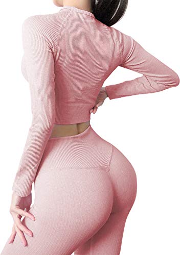 MAYROUND Women 2 Pieces Yoga Workout Outfit Ribbed Seamless Leggings and Long Sleeve Crop Top Set Exercise Clothes