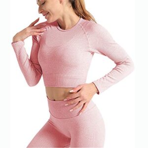 MAYROUND Women 2 Pieces Yoga Workout Outfit Ribbed Seamless Leggings and Long Sleeve Crop Top Set Exercise Clothes