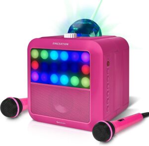 singsation star burst portable karaoke machine, bluetooth, room-filling light show with 10 light functions, 6 amazing sound effects, 2 microphones included for duets, pink