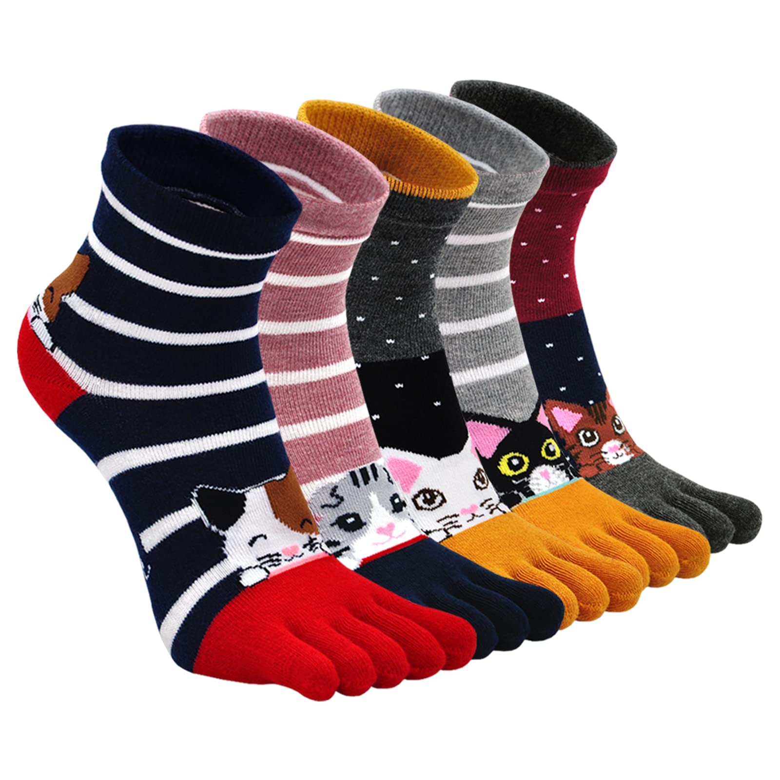 ZAKASA Womens Funny Toe Sock Cotton Five Finger Running Ankle Novelty Socks (Animal cat, US shoe 6-9)