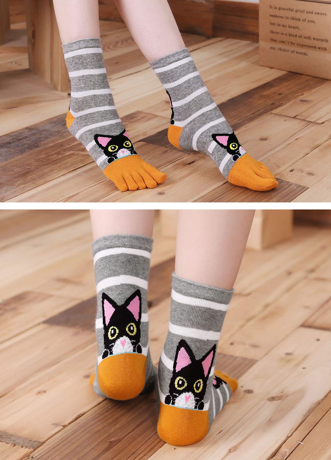 ZAKASA Womens Funny Toe Sock Cotton Five Finger Running Ankle Novelty Socks (Animal cat, US shoe 6-9)