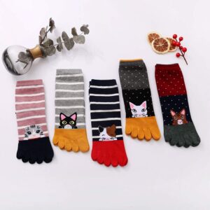 ZAKASA Womens Funny Toe Sock Cotton Five Finger Running Ankle Novelty Socks (Animal cat, US shoe 6-9)