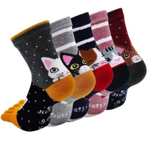 ZAKASA Womens Funny Toe Sock Cotton Five Finger Running Ankle Novelty Socks (Animal cat, US shoe 6-9)