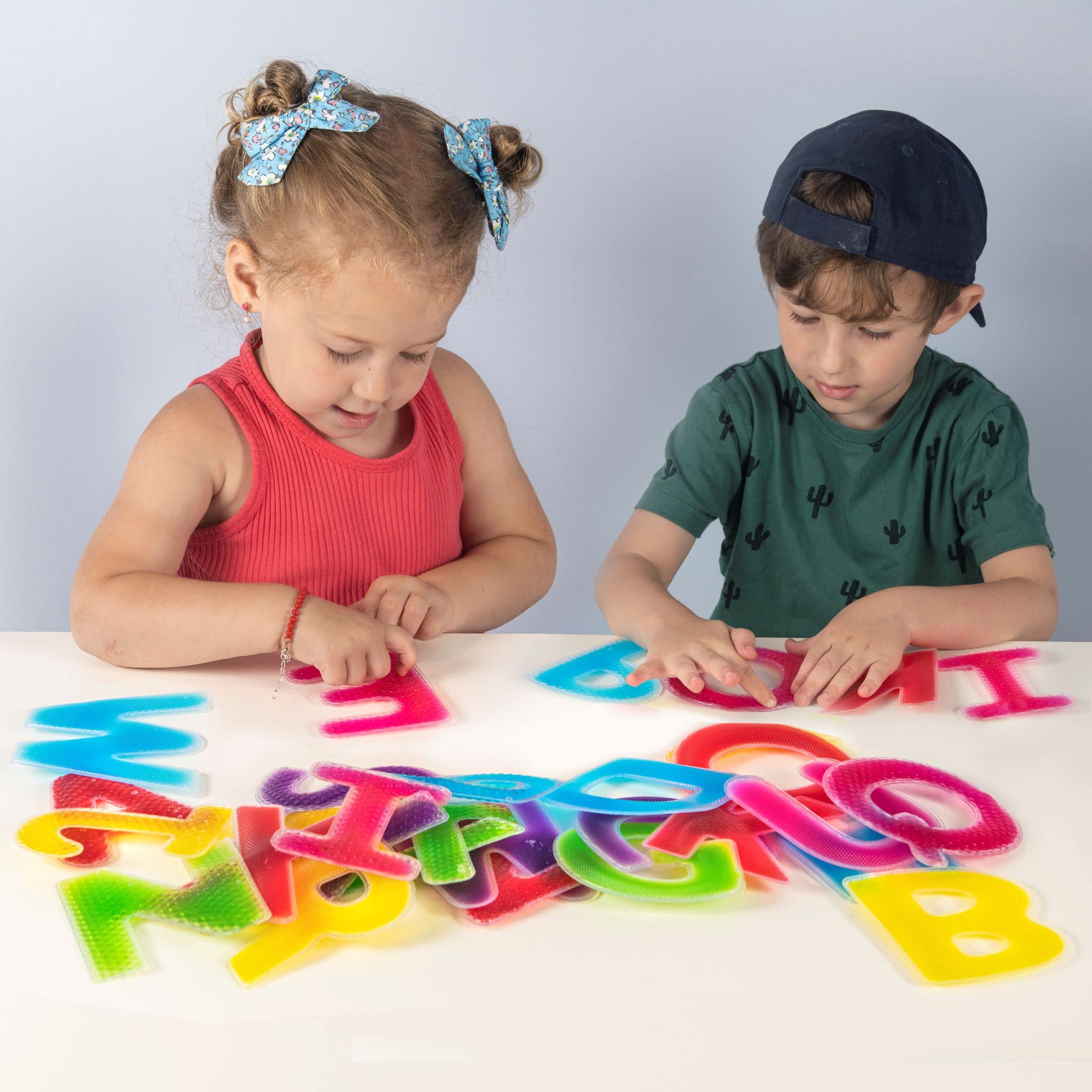 Playlearn 26pc Large Size Sensory Alphabet Letters - Multiple Textures - Gel Filled Tactile Letters - ABC Learning Toy - Light Table Toy