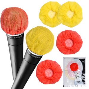 akamino 400 pieces disposable microphone cover - sanitary non-woven handheld karaoke windscreen mic cover for ktv recording room stage performance, 3 inch, yellow and red