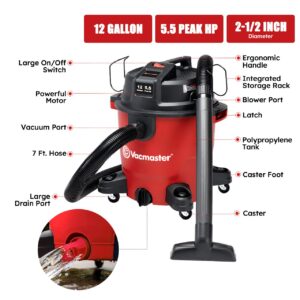 Vacmaster Red Edition VJH1211PF 1101 Heavy-Duty Wet Dry Vacuum Cleaner 12 Gallon 5.5 Peak HP 2-1/2 inch Hose