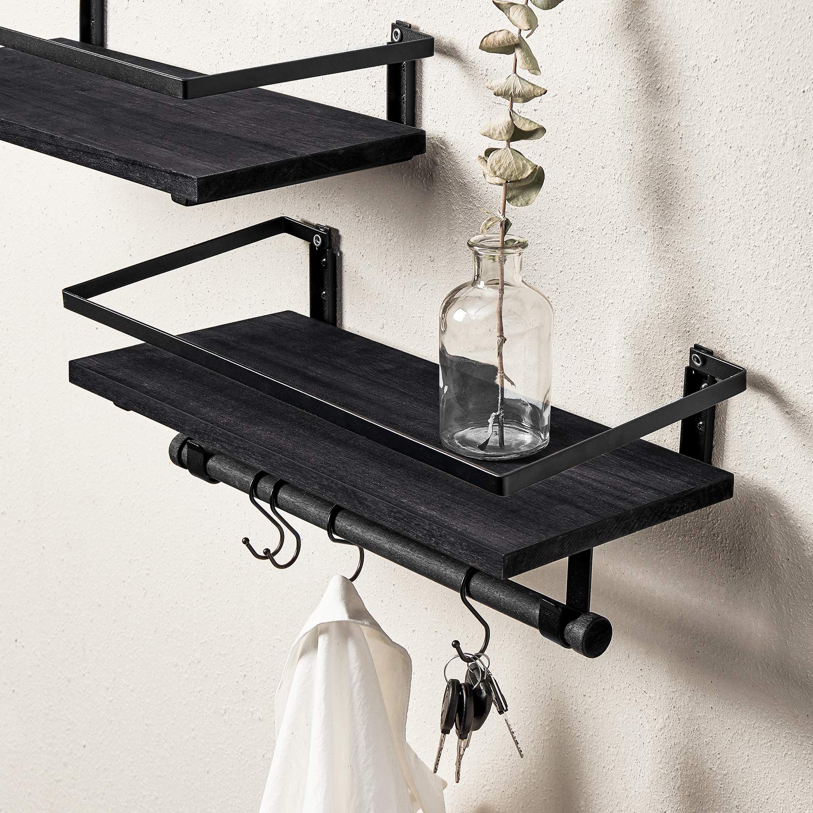 BAYKA Floating Bathroom Shelves for Kitchen Coffee Bedroom Decor, Wood Wall Mounted Rustic Floating Shelves for Home Storage, Over The Toilet Hanging Shelf with Hooks and Towel Bar, Set of 2