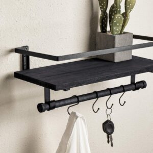 BAYKA Floating Bathroom Shelves for Kitchen Coffee Bedroom Decor, Wood Wall Mounted Rustic Floating Shelves for Home Storage, Over The Toilet Hanging Shelf with Hooks and Towel Bar, Set of 2