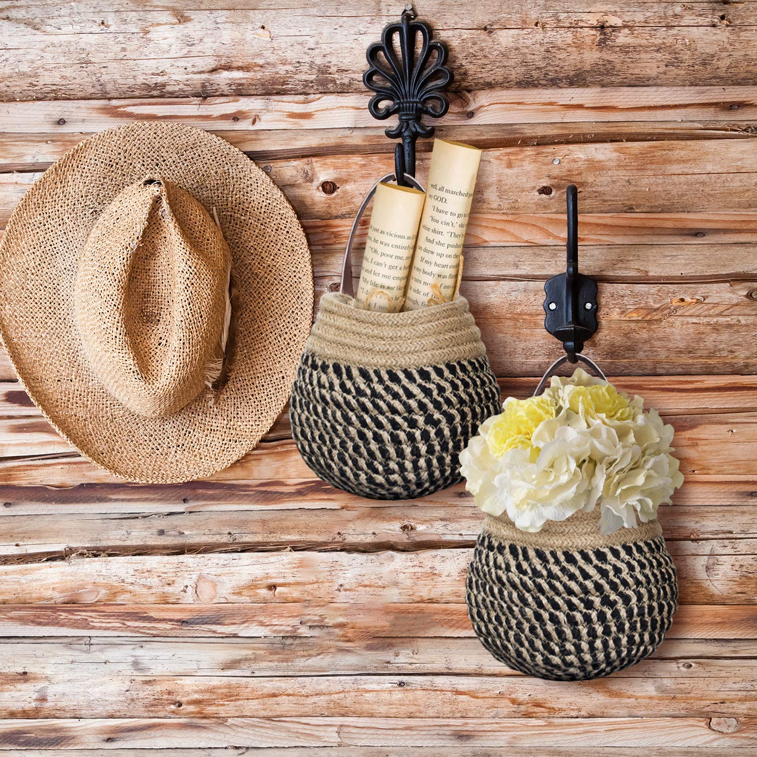 Wall Hanging Organizer Storage Baskets, 2 Pack Jute Woven Hanging Basket for Organizing, Small Woven Baskets for Storage, Hanging Basket Flower Plants