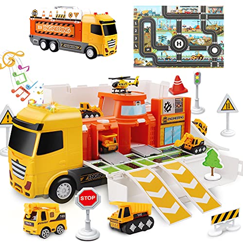 Construction Truck Toys and Play Mat | Multifunction Scenestorage Truck with Sounds and Lights | Die-cast Vehicle Car Toys Set | Birthday Gift Toys for Boys 3,4,5,6,7 Year Olds