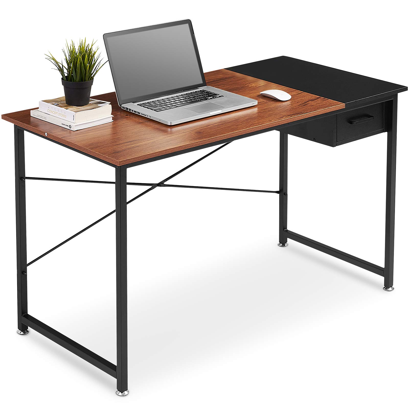 QooWare Home Office Computer Desk, 47" Study Writing Desk Dual-Colored Modern Simple Wooden PC Desk with Storage Drawer, Supports Up to 132 lbs (Espresso & Black)