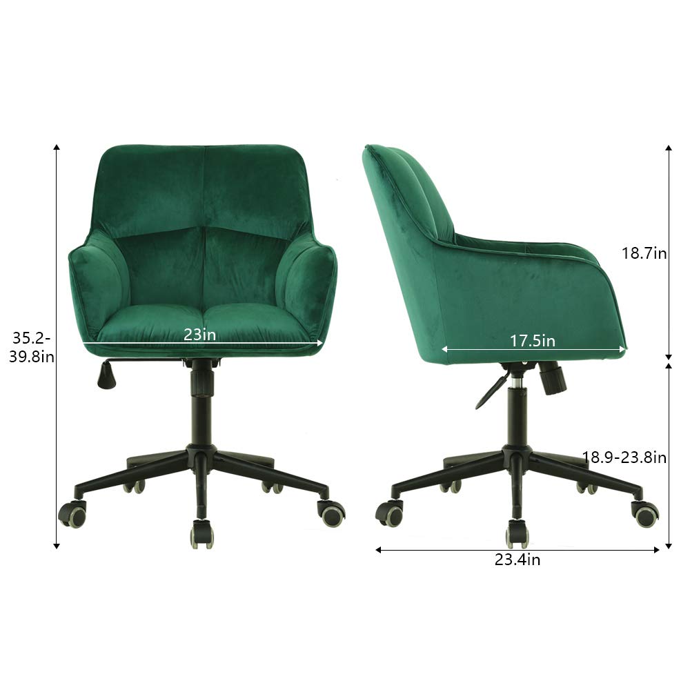 Home Office Desk Chairs Swivel,Comfort Velvet Task Chairs with Arms and Wheels, Adjustable Height, Big Accent SwivelChairs for Living Room and Bedroom (Padded Green)