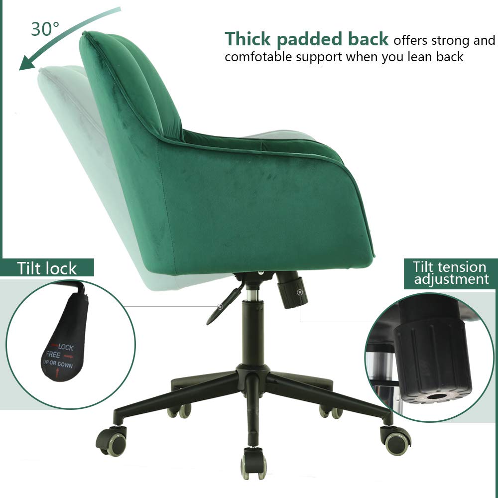 Home Office Desk Chairs Swivel,Comfort Velvet Task Chairs with Arms and Wheels, Adjustable Height, Big Accent SwivelChairs for Living Room and Bedroom (Padded Green)