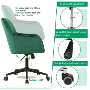 Home Office Desk Chairs Swivel,Comfort Velvet Task Chairs with Arms and Wheels, Adjustable Height, Big Accent SwivelChairs for Living Room and Bedroom (Padded Green)