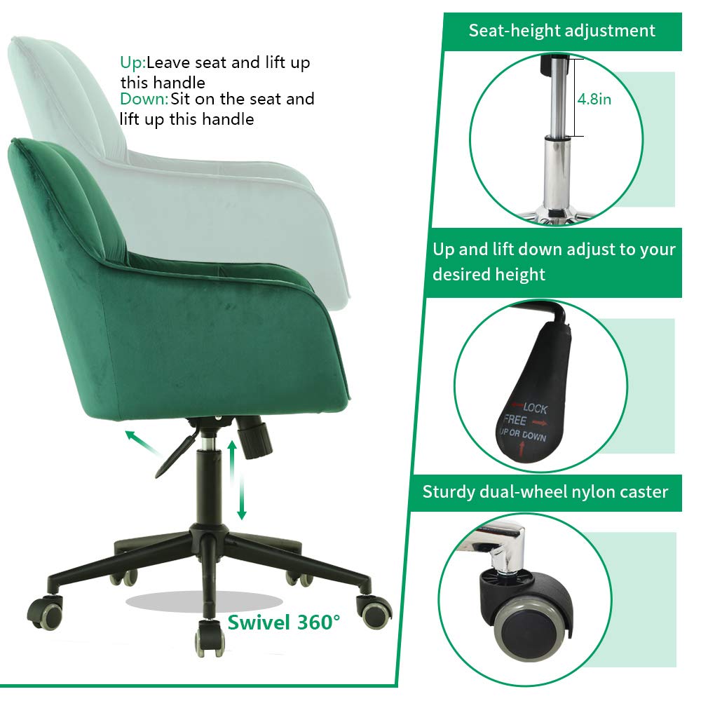 Home Office Desk Chairs Swivel,Comfort Velvet Task Chairs with Arms and Wheels, Adjustable Height, Big Accent SwivelChairs for Living Room and Bedroom (Padded Green)