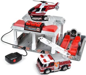 fire and rescue garage lights and sounds toy set for kids | working intercom with open and close parking garage and vehicle lift | playset includes helicopter and fire truck with friction motor