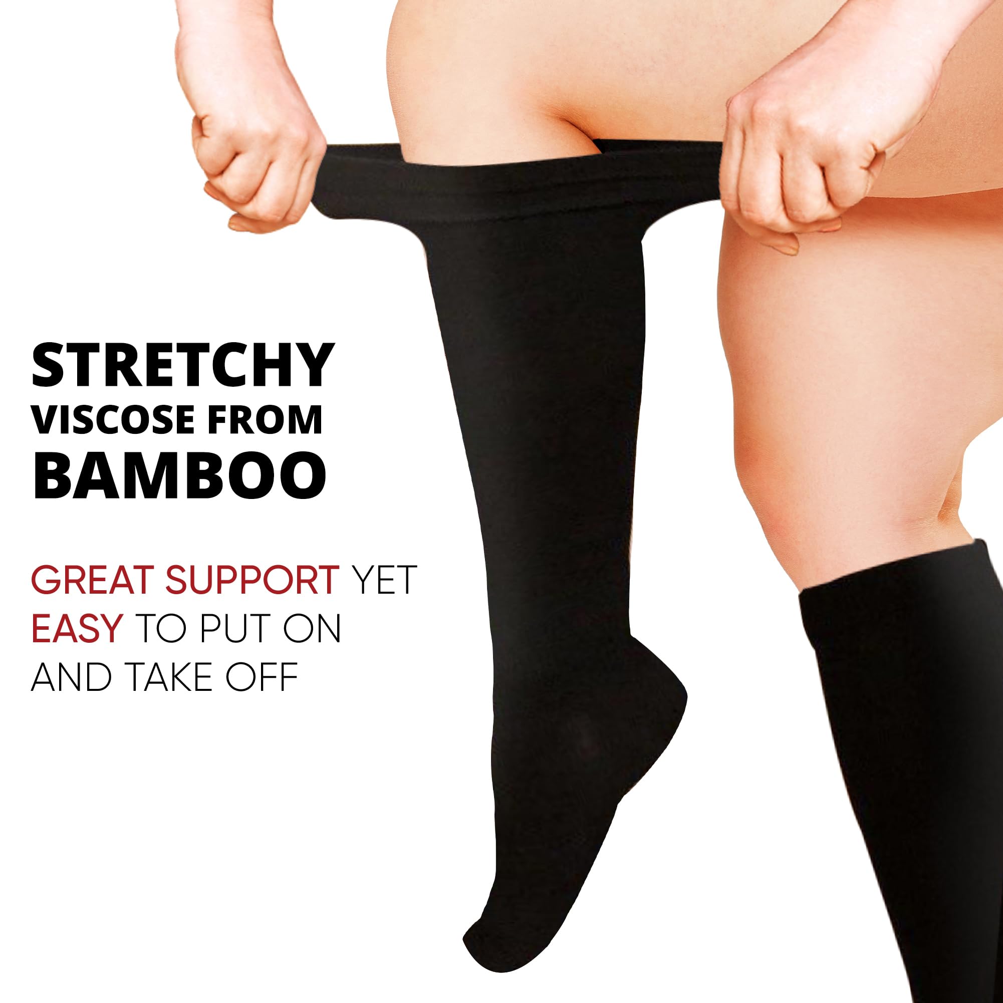 BAMS Plus Size Compression Socks Wide Calf XL XXL XXXL – Graduated Knee-High Support, Viscose from Bamboo Easy-On/Easy-Off (Black, 2X-Large)