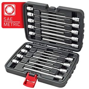 carbyne 18 piece extra long hex (allen) bit socket set | sae & metric, s2 steel bits, crv sockets, corrosion resistance, durable storage case | 1/8''-3/8'' sae / 3mm-10mm metric, 3/8" dr.