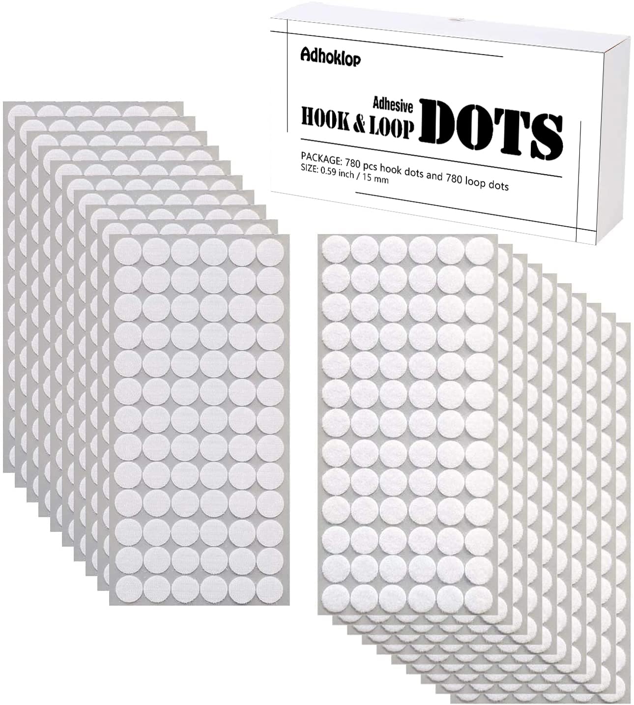 Adhoklop 1560 Pcs (780 Pairs) Dots with Adhesive 0.59 Inch Diameter Hook and Loop Nylon Sticky Back Glue Tapes, Adhesive Strips Fastener Round Tapes for School Classroom Teacher Supplies (White)