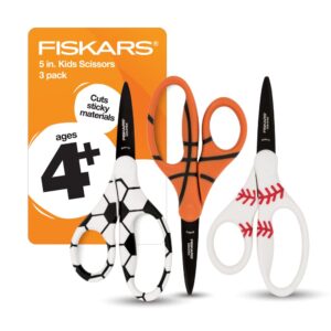 fiskars 5" pointed-tip scissors for kids 4-7 with non-stick blades (3-pack) - scissors for school or crafting - back to school supplies - sports design