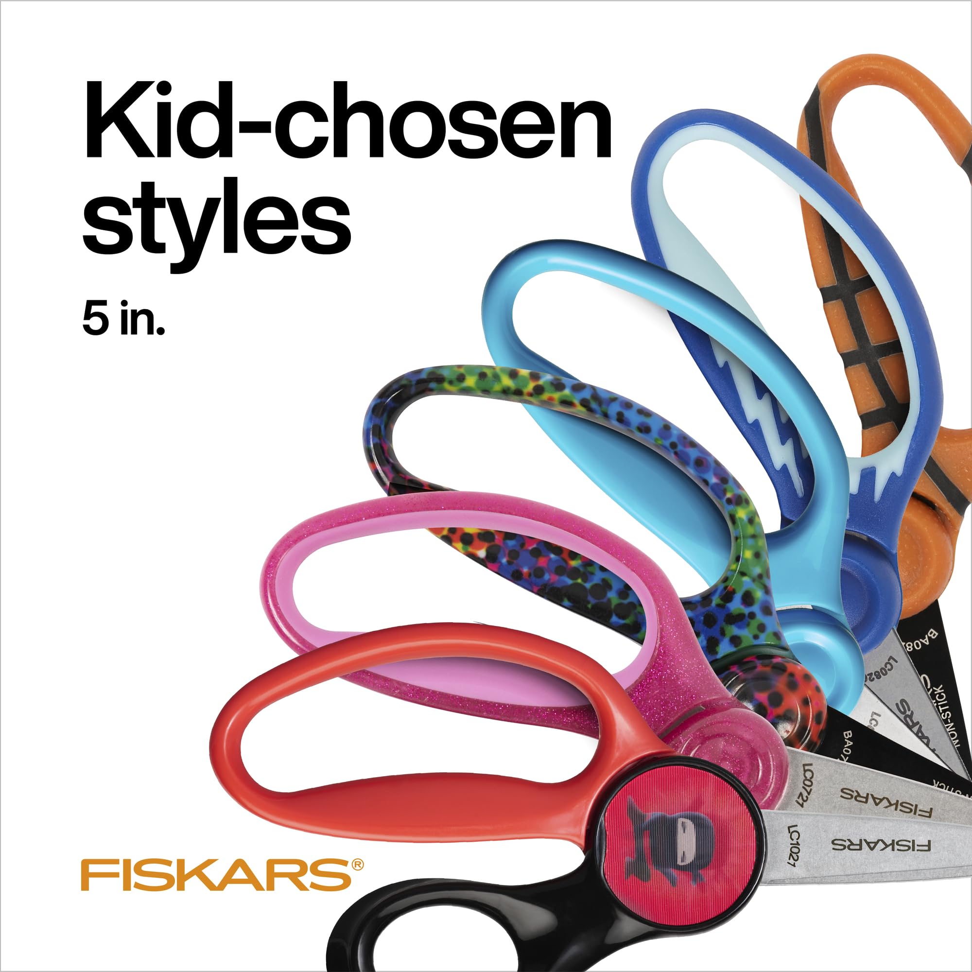 Fiskars 5" Pointed-Tip Scissors for Kids 4-7 with Non-Stick Blades (3-Pack) - Scissors for School or Crafting - Back to School Supplies - Sports Design