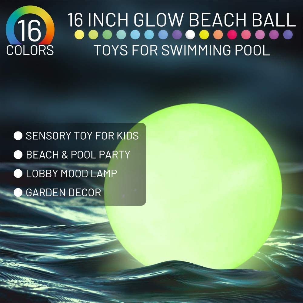 Pool Toy 16" LED Glow Beach Ball Toy with 16 Color Changing Lights, Glow in Dark Pool Games Toys for Teens Adults, Great for Summer Parties, Pool/Beach Parties, Raves, or Blacklight/Glow Parties